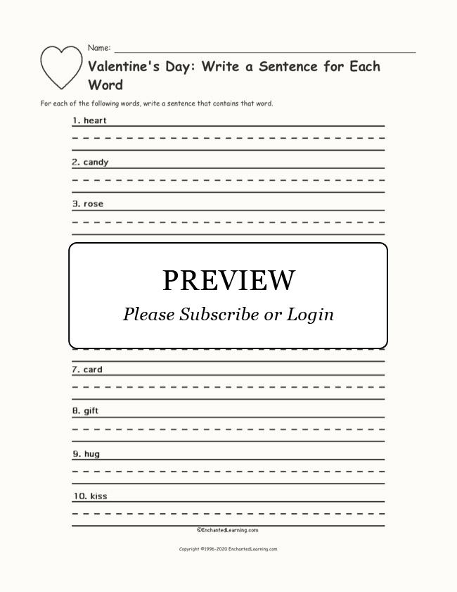 Valentine's Day: Write a Sentence for Each Word - Enchanted Learning