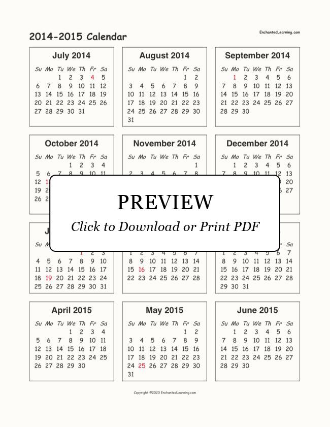 2014-2015 School-Year One-Page Calendar - Enchanted Learning